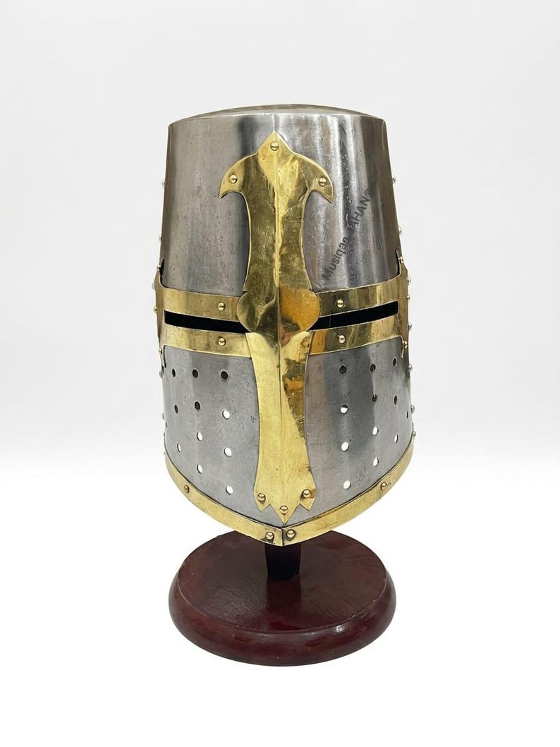 Medieval Knight Helmet Replica With Brass Accents on Wooden Stand ...