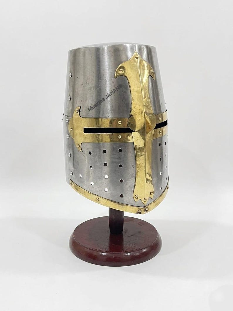 Medieval Knight Helmet Replica With Brass Accents on Wooden Stand ...