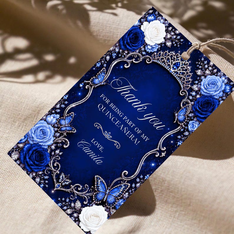 Editable Royal Blue and Silver Quinceañera Thank You Tags, Butterfly ...