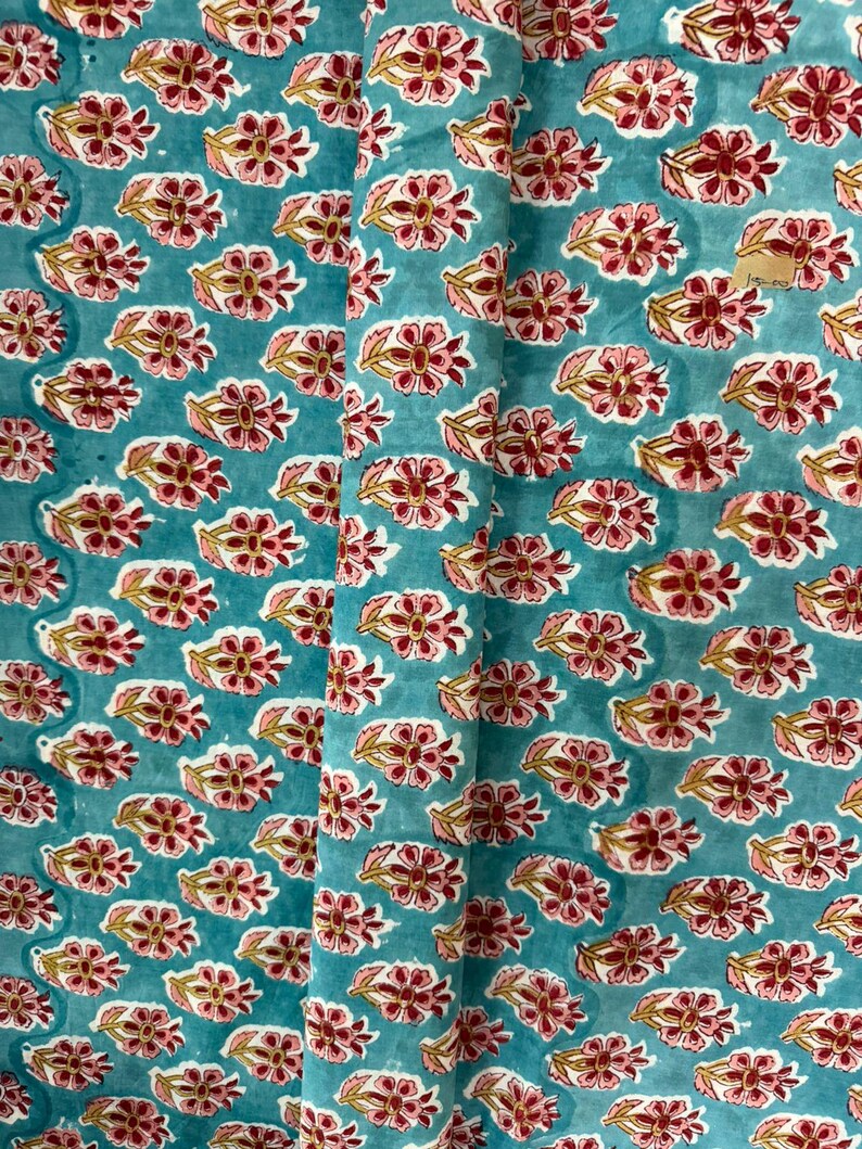 Indian Hand Block Print Fabric, Turquoise Floral & Pink Flower Motif ...