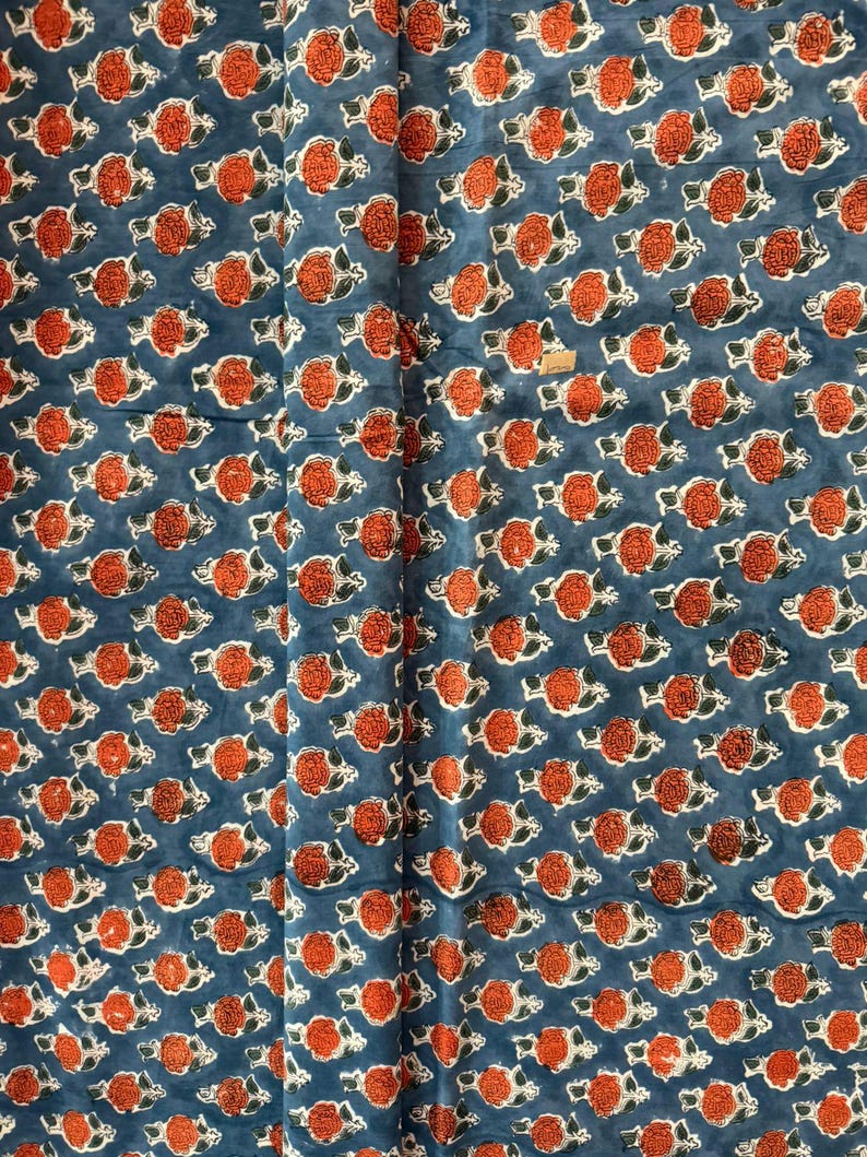 Blue Orange Floral Hand Block Print Cotton Fabric | Indian Artisan ...