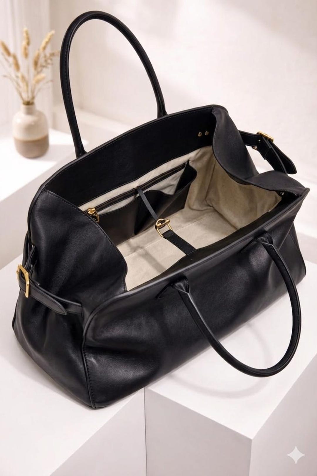 Black Leather Work Tote – Minimalist Laptop Handbag, Professional ...