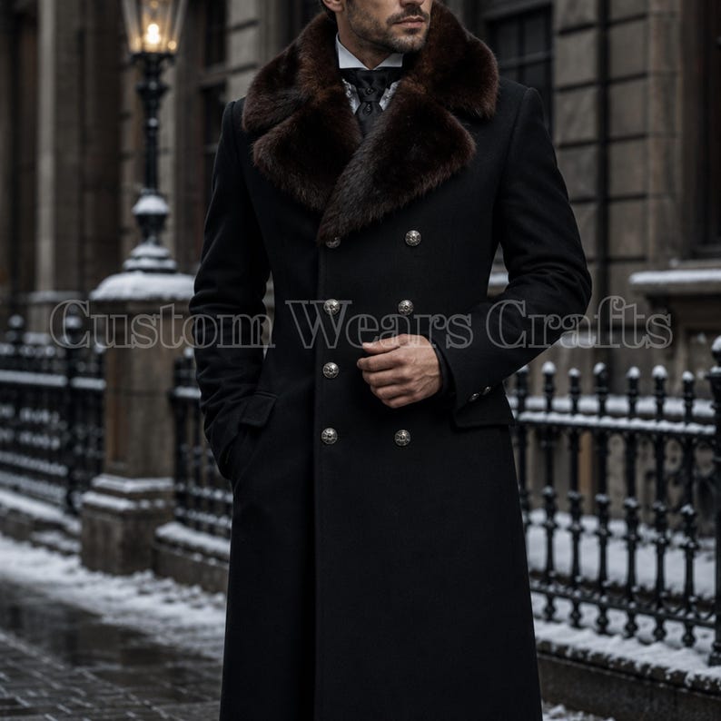 Men's Black Victorian Wool Coat With Fur Collar | Gothic Long Overcoat ...