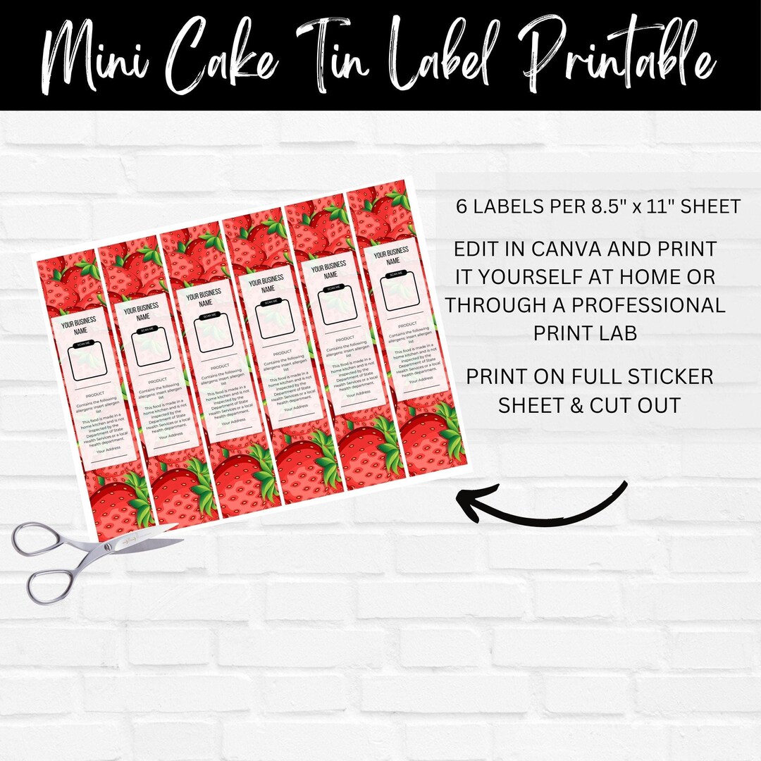 Mini Cake Tin Label Printable, Strawberry Theme, Editable Canva ...