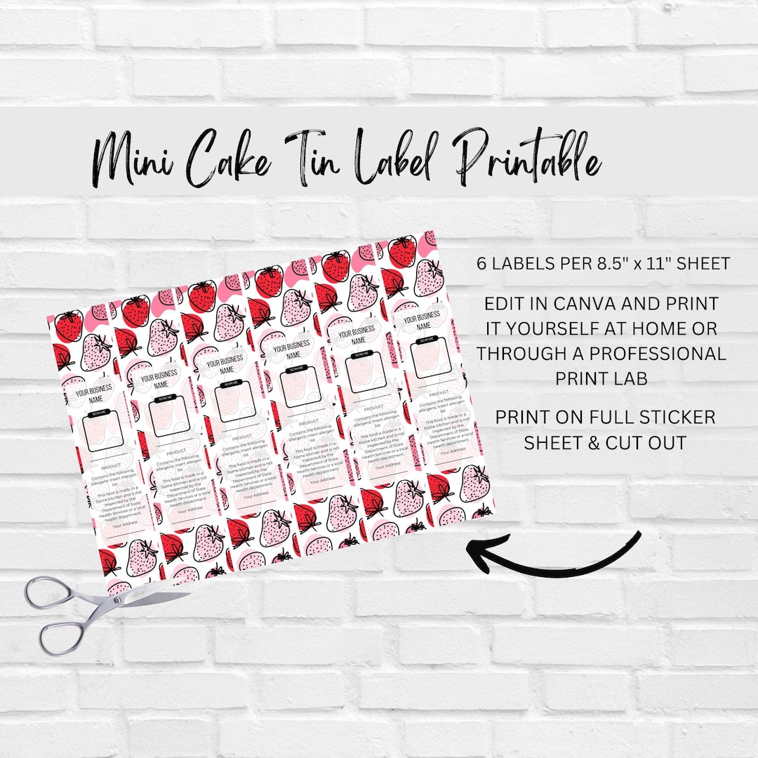 Strawberry Mini Cake Tin Label, Customizable Template, Printable Cake ...