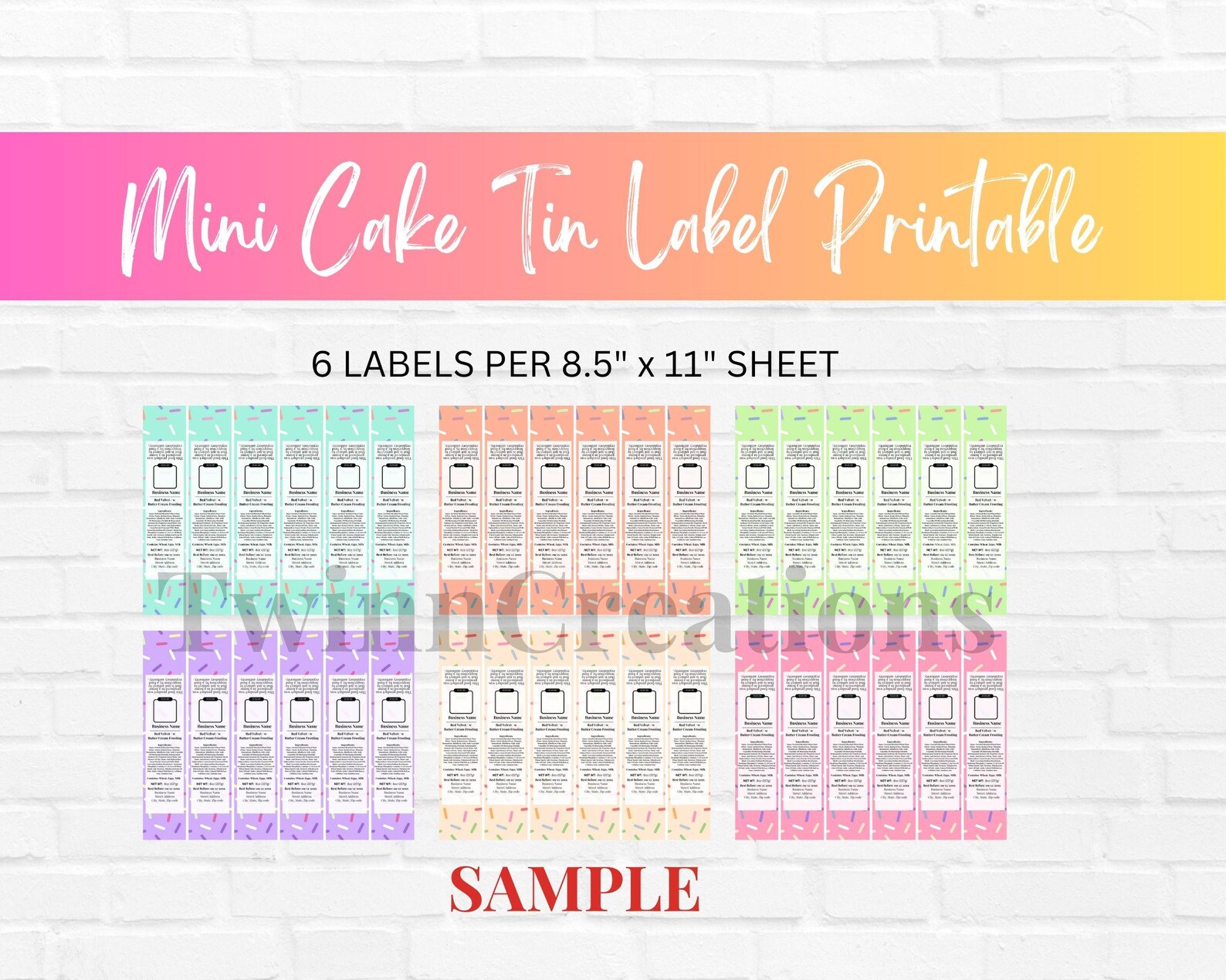 Mini Cake Tin Label Printable, Sprinkles Theme, Editable Canva Template ...