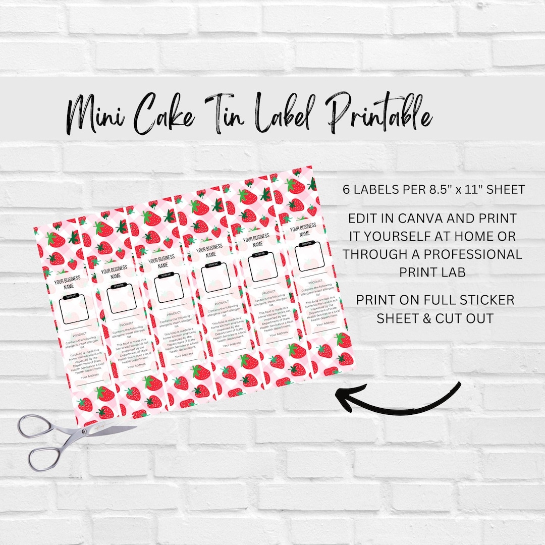 Strawberry, Mini Cake Tin Label, Customizable Template, Printable Cake ...