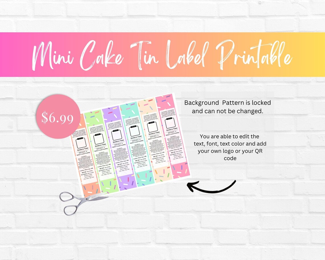 Mini Cake Tin Label Printable, Sprinkles Theme, Editable Canva Template ...
