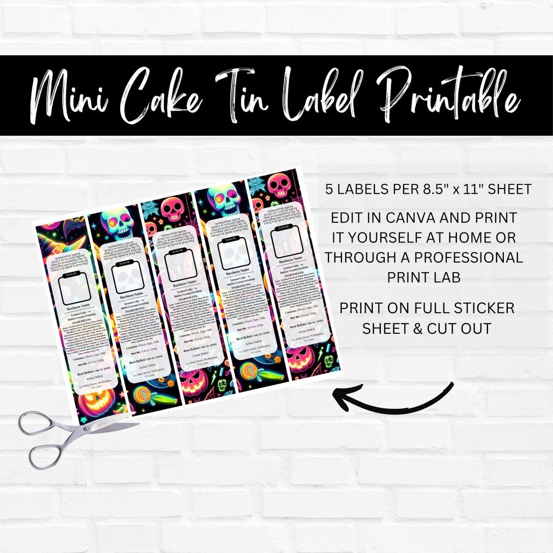 Neon Halloween, Mini Cake Tin Label, Customizable Template, Printable ...
