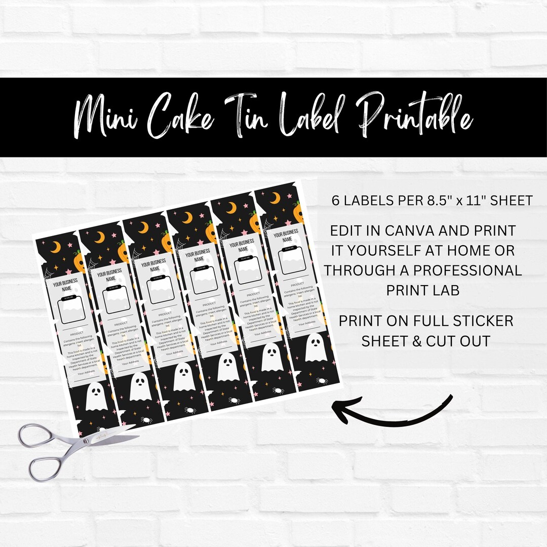 Mini Cake Tin Label Printable, Cute Halloween Theme, Editable Canva ...
