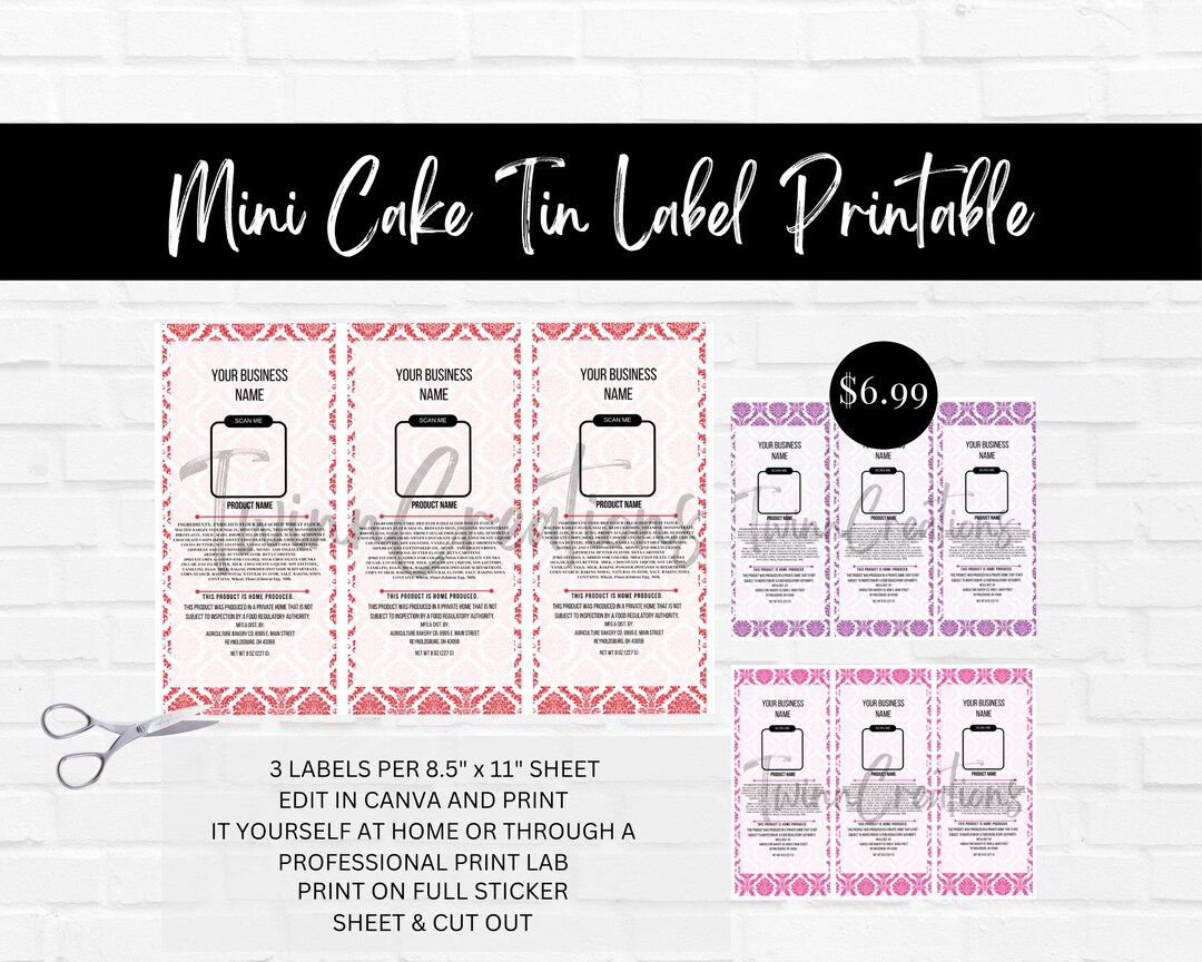 Cake Box Labels Editable Template Mini Loaf Baking Pan Label, Mini Cake ...