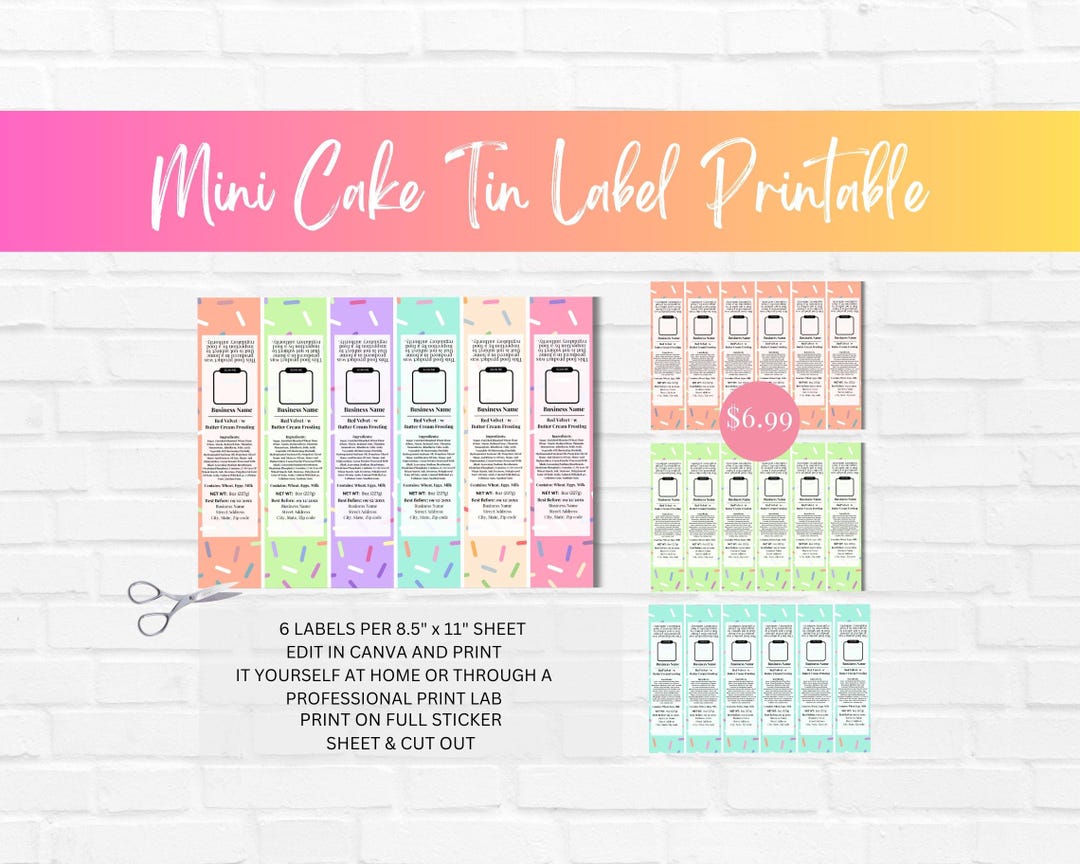 Mini Cake Tin Label Printable, Sprinkles Theme, Editable Canva Template ...