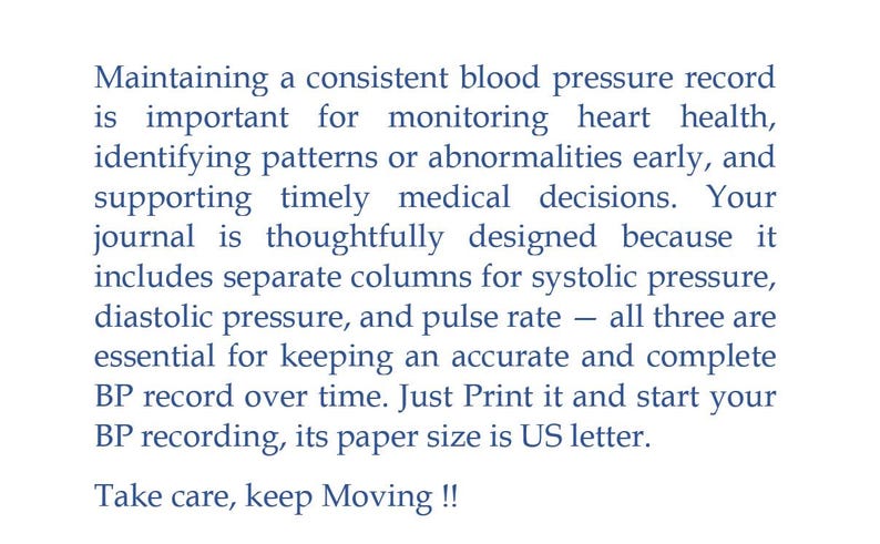 Blood Pressure Log Printable PDF | Daily BP Tracker & Heart Health ...