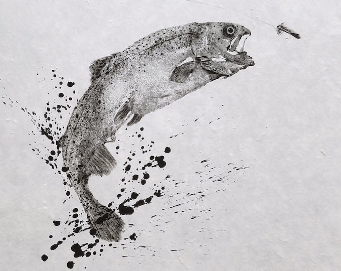 Trout & Fly - Fly Fishing - GYOTAKU Print - Traditional Japanese Fish ...