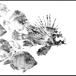 Lionfish Leading Various Coral Fish - Gyotaku Reproduction Print ...