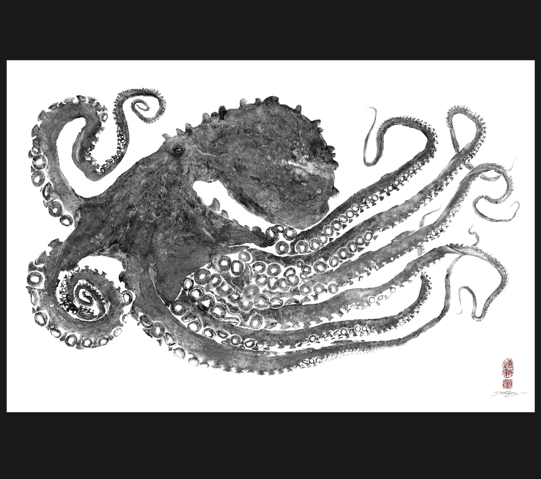 Octopus Gyotaku Facing Right - Reproduction Gyotaku Print - Traditional ...