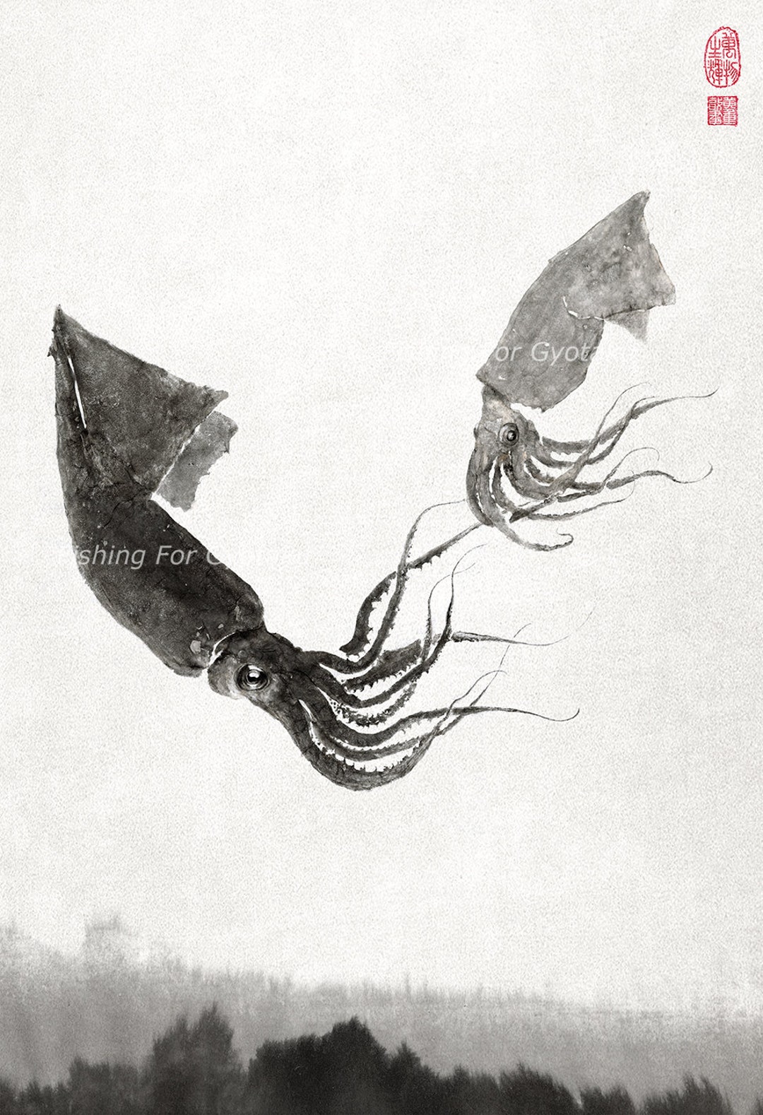 Magister Armhook SQUID (dosu Ika in Japanese) - GYOTAKU 13x19" Print ...