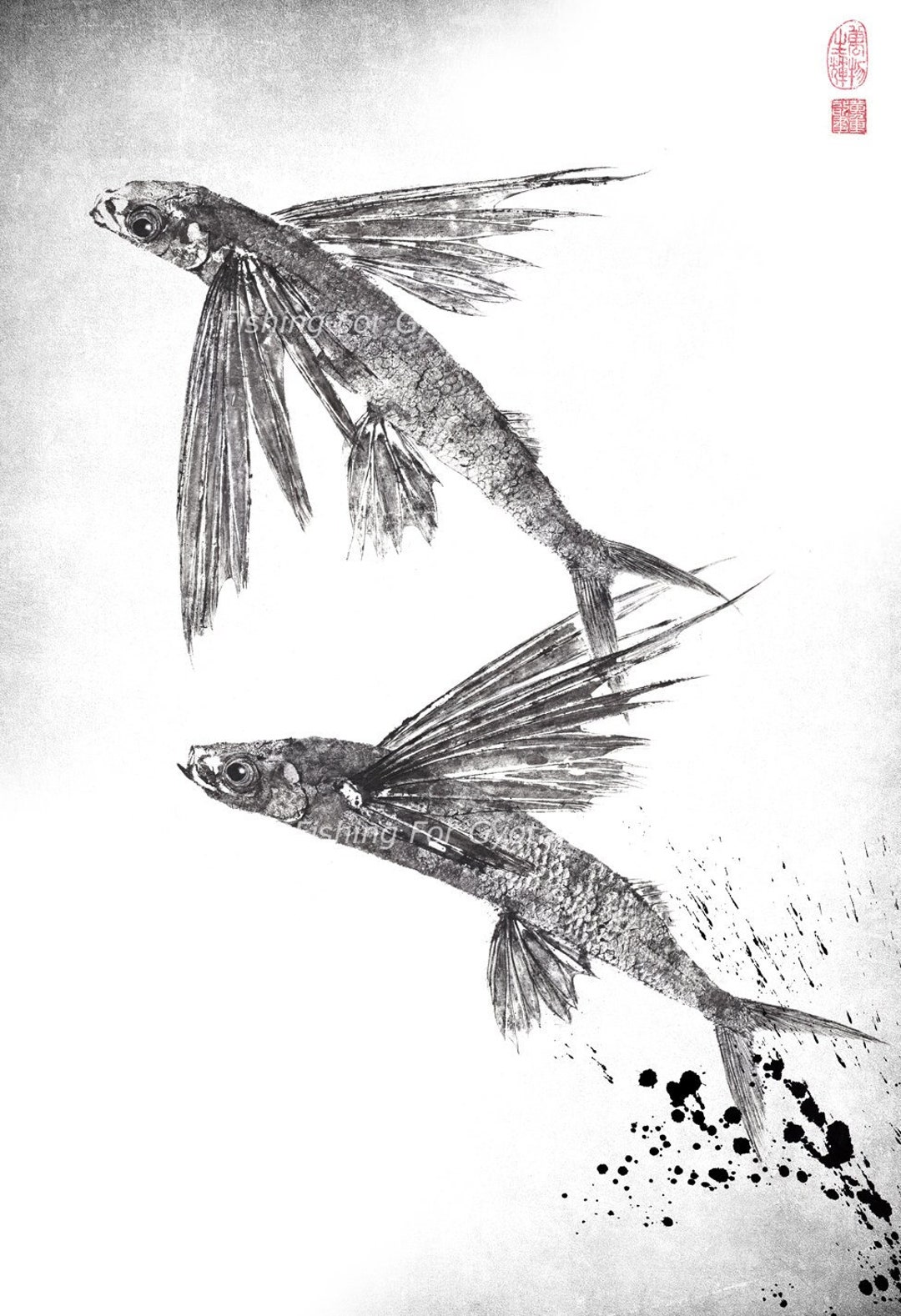Pair of FLYING FISH (tobiuo) - GYOTAKU Print - Traditional Japanese ...