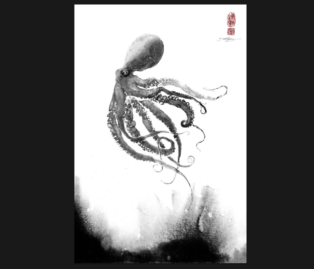 Octopus With Ink Wash - Gyotaku Print - Traditional Japanese Fish Art ...