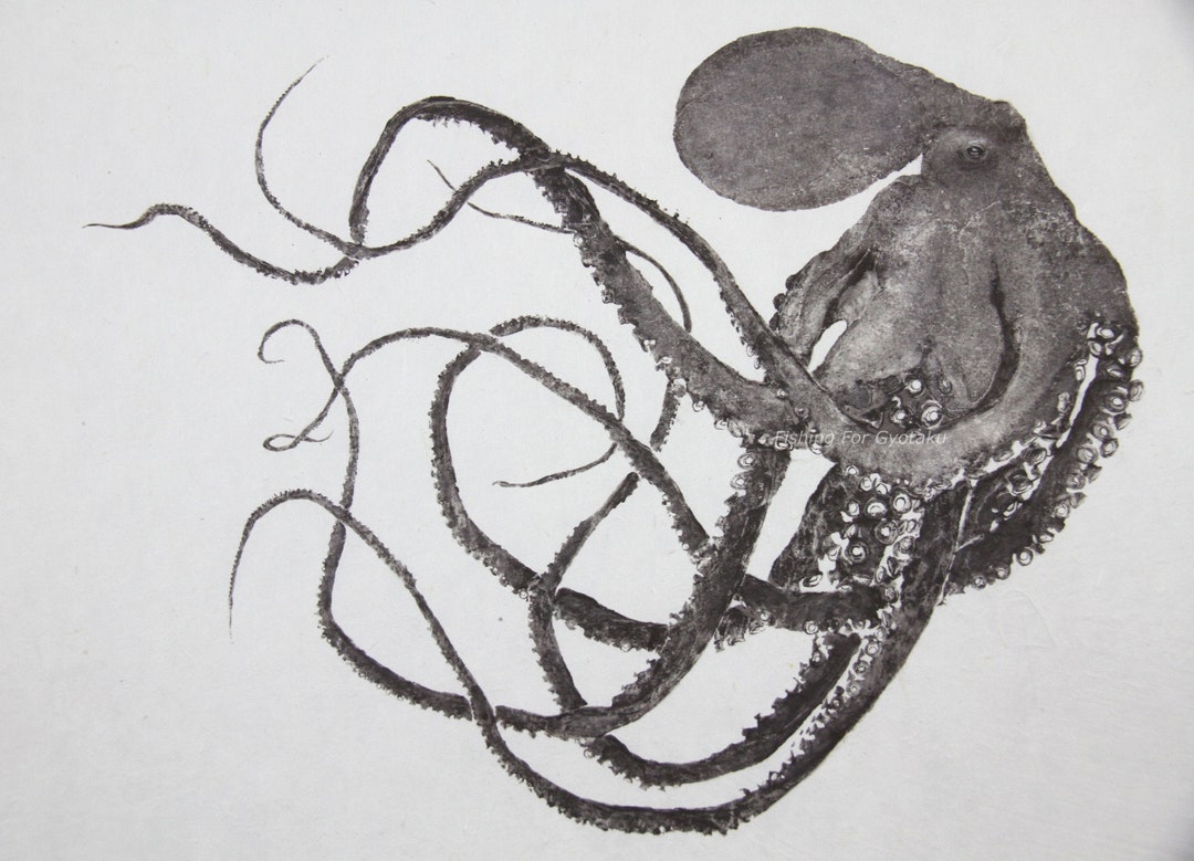 Octopus "cruising Octopus" - Reproduction on Handmade Washi - GYOTAKU ...