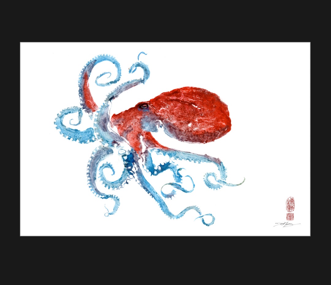 Octopus Gyotaku Red Blue Color - Reproduction Print on Art Rag Paper ...