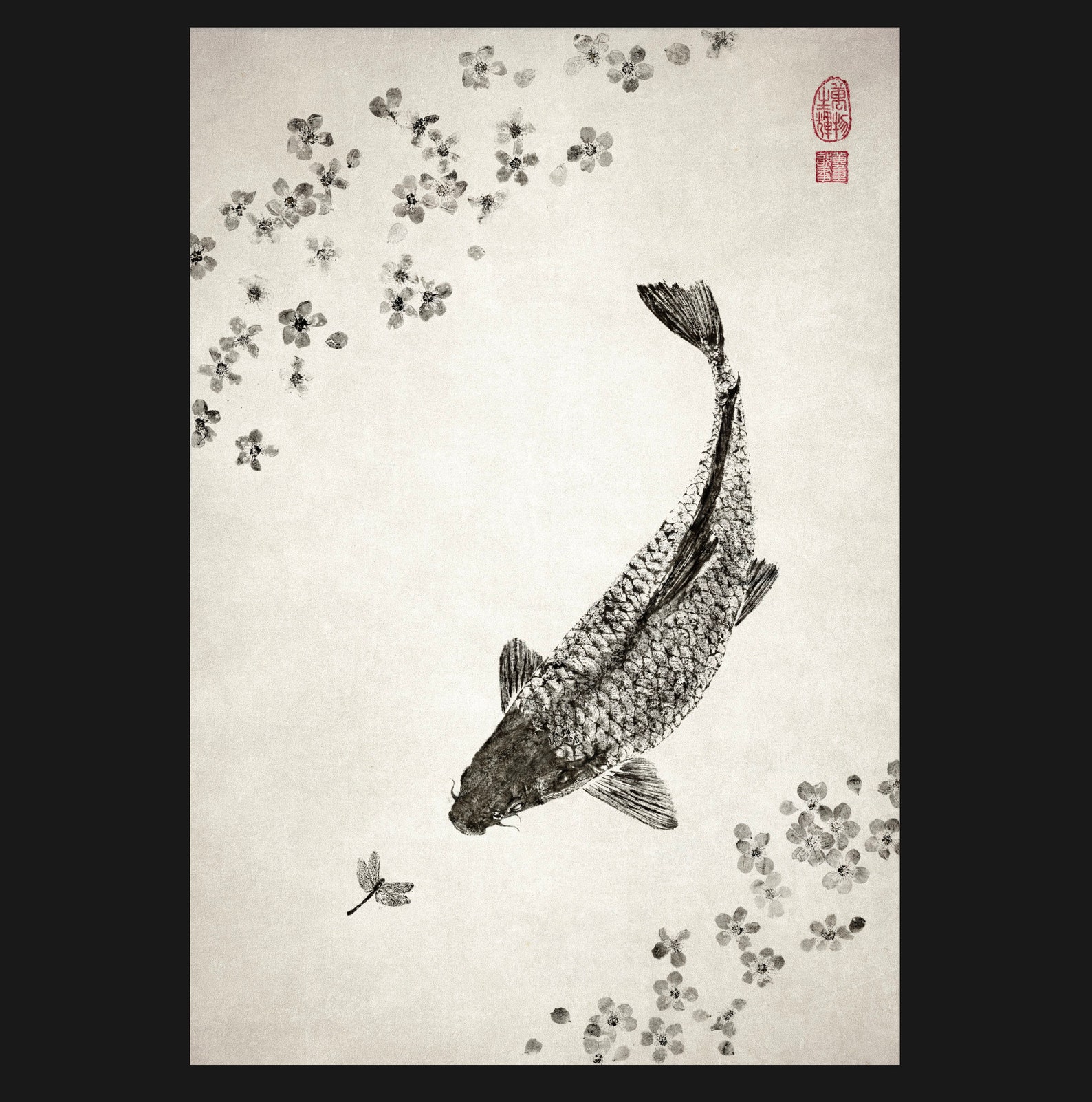 Curious Koi With Dragonfly and Sakura - Gyotaku Giclee Print ...