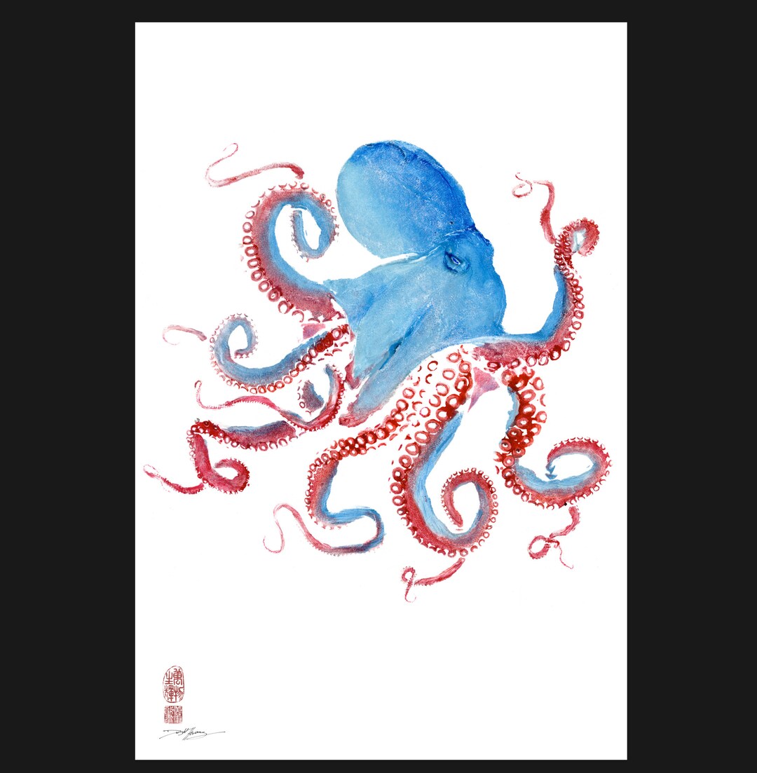 Octopus Gyotaku Blue Red Color Vertical Format - Reproduction Print on ...
