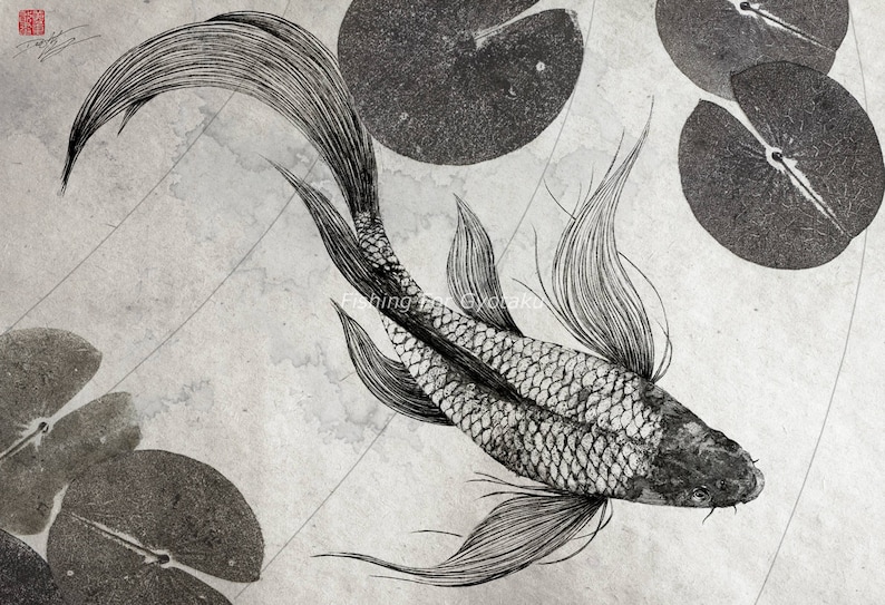 Single Japanese Butterfly Koi - Gyotaku Giclee Print - Traditional ...