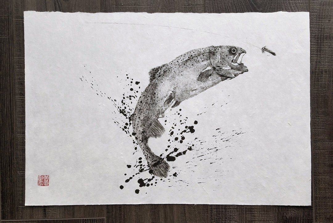 Trout & Fly - Fly Fishing - GYOTAKU Print - Traditional Japanese Fish ...