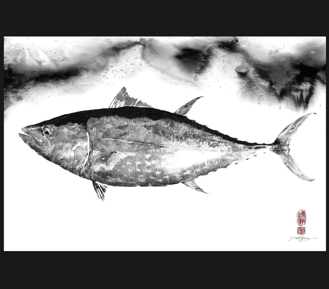 Yellowfin Tuna B&W Gyotaku - Reproduction Print - Traditional Japanese ...