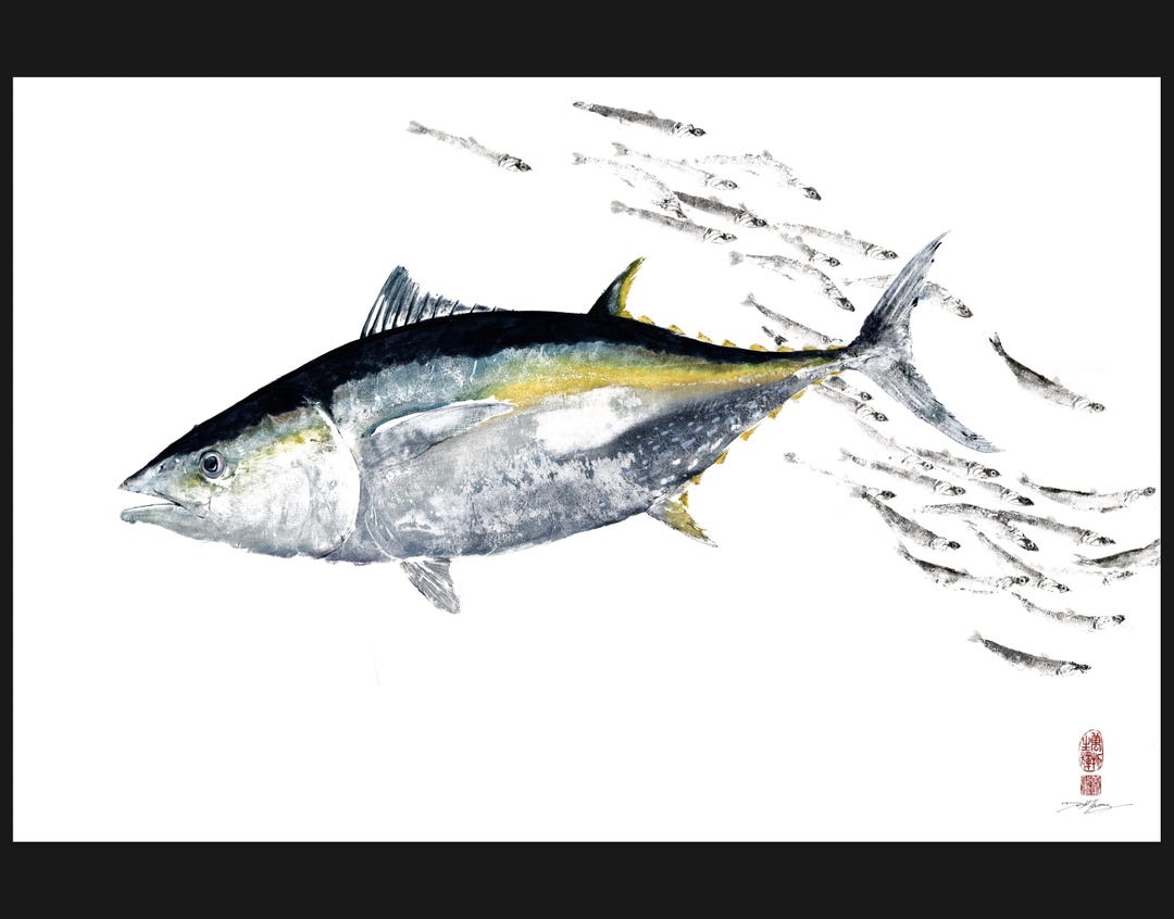 Bluefin Tuna Color Gyotaku With Anchovies - Reproduction Print ...