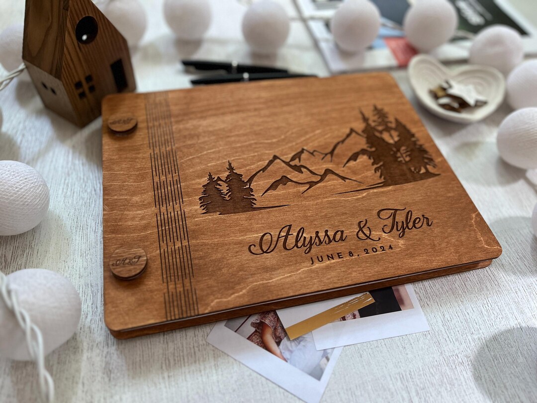 Personalized Wood Wedding Guest Book: Engraved Forest Mountain ...