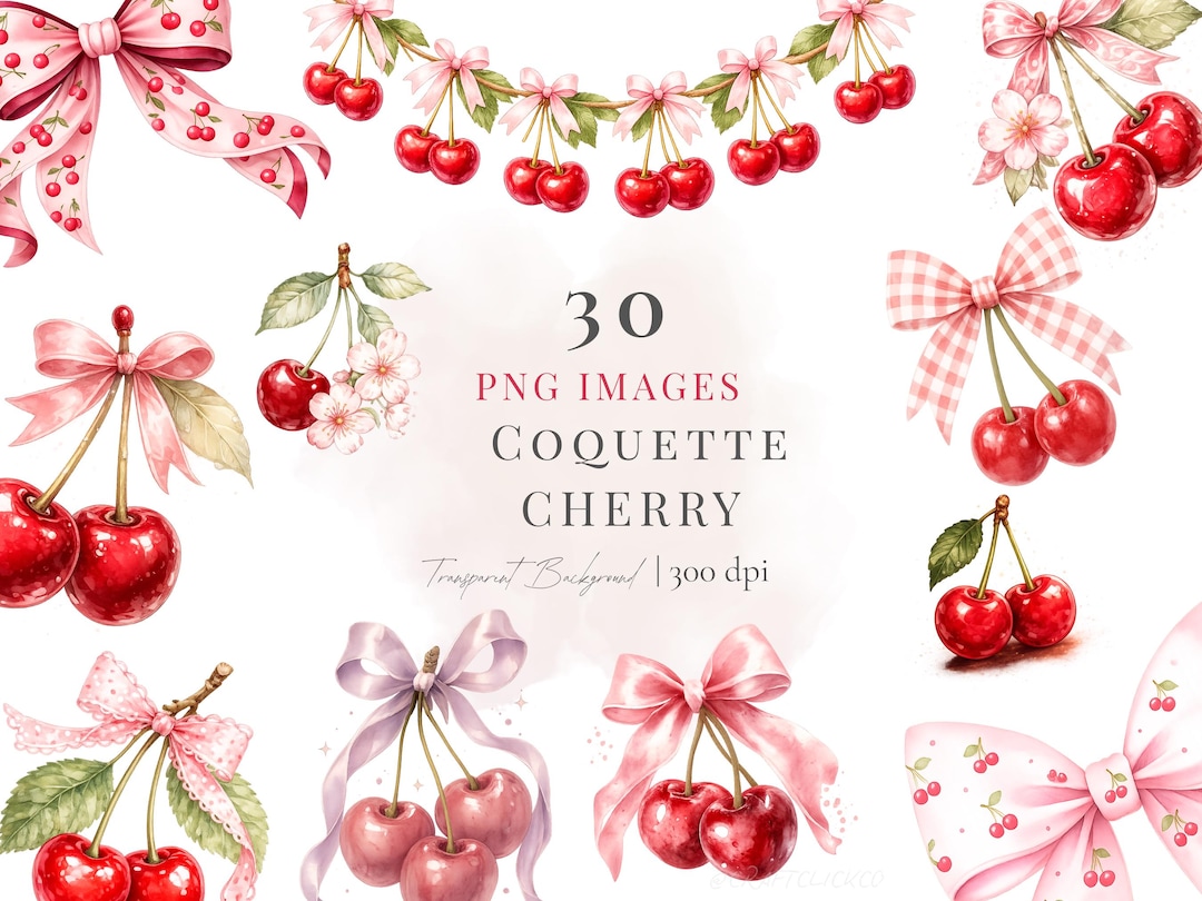 Coquette Cherry Watercolor Clipart Set, Hand-painted Bows, Blush Tones ...