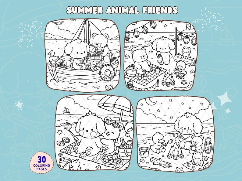 Snuggly Summer Animals Coloring Pages With Color Samples, Cute Animal ...