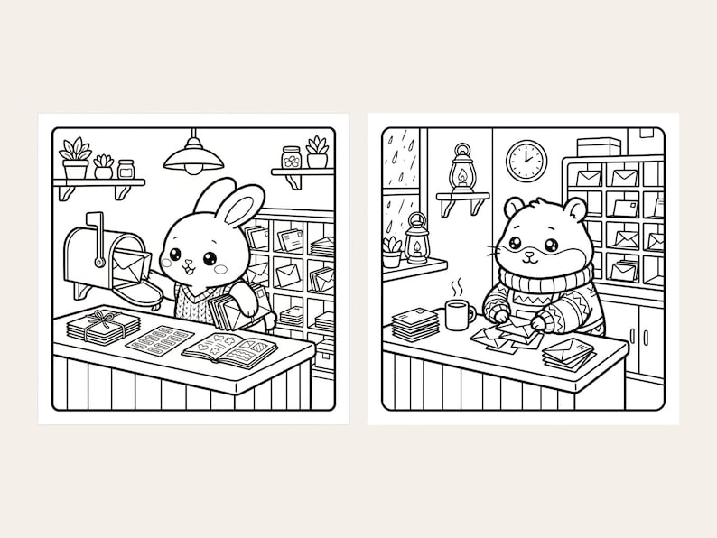 Cute Animal Cozy Coloring Book | Tiny Post Office Scenes Bold and Easy ...