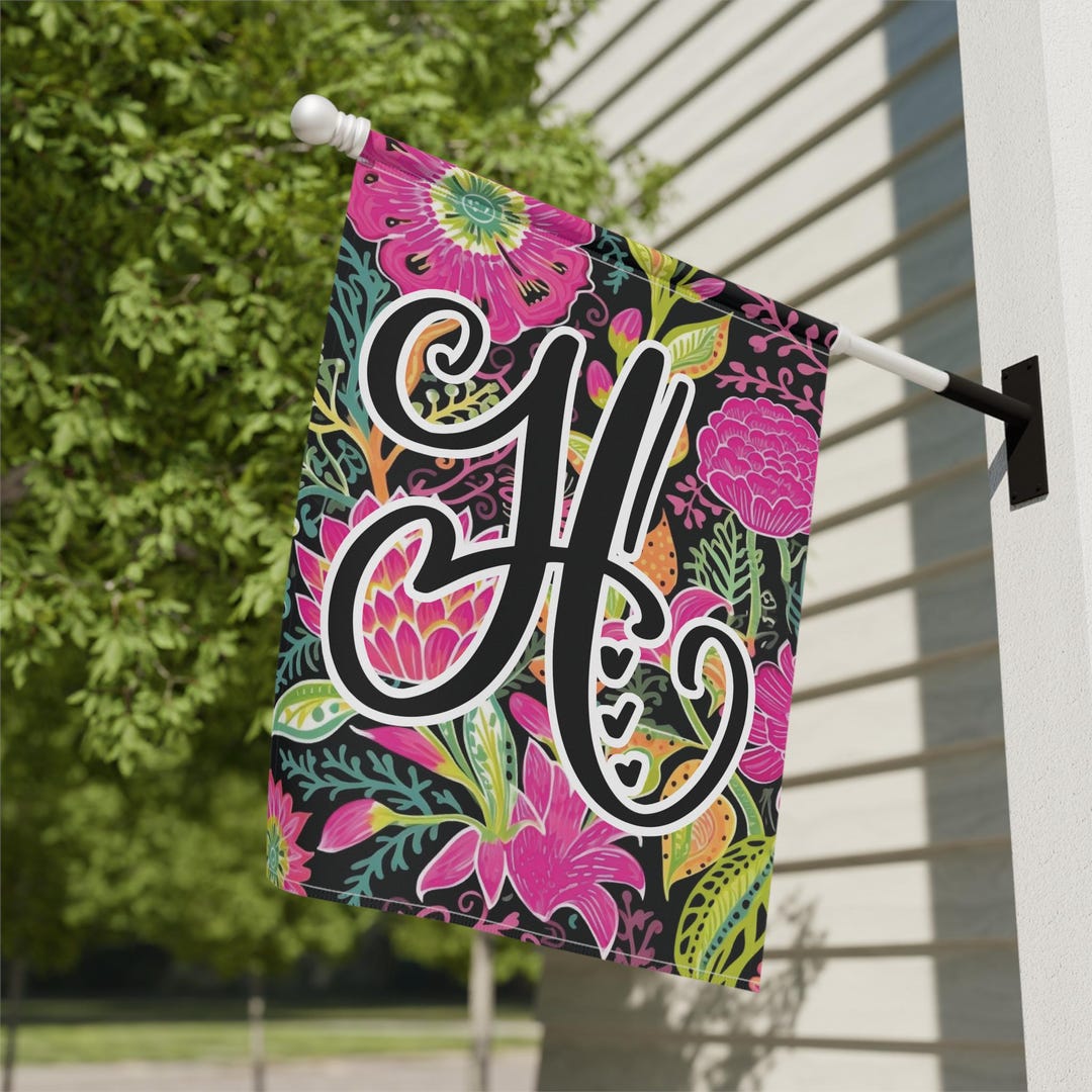 Monogram House Flag: Pink Floral Garden Banner, Personalized Home Decor ...