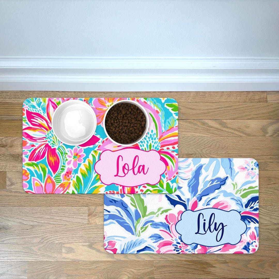 Personalized Pet Food Mat, Preppy Pat Mat, Hot Pink Pet Placemat, Dog ...