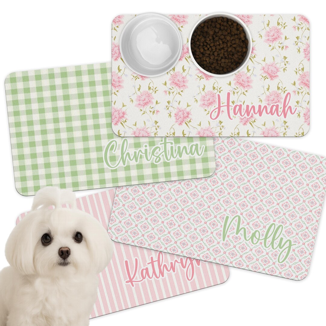 Personalized Pet Food Mat, Dog Food Mat, Pink Bow Coquette Stripes ...