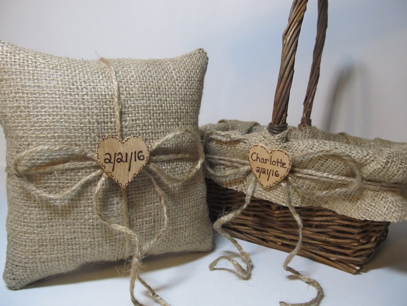 Personalized Burlap Flower Girl Basket and Ring Pillow: Rustic Wedding ...