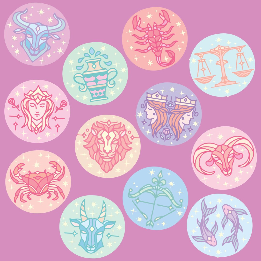 Zodiac Sticker Set of 10, Astrology Stickers in Pastel Colors, Large ...
