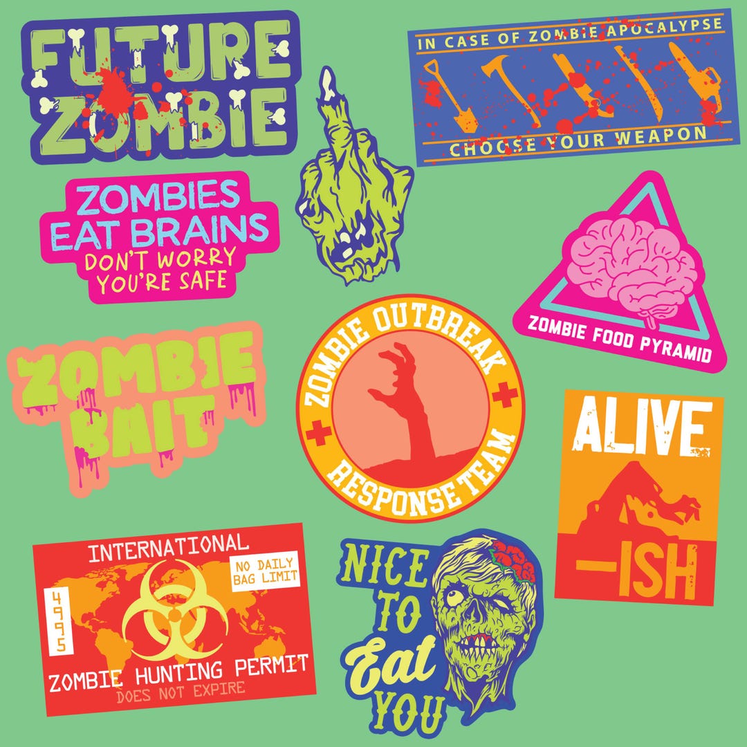 Ghoulish Set of 10 Zombie Stickers - Scary Undead Design, Apocalypse ...