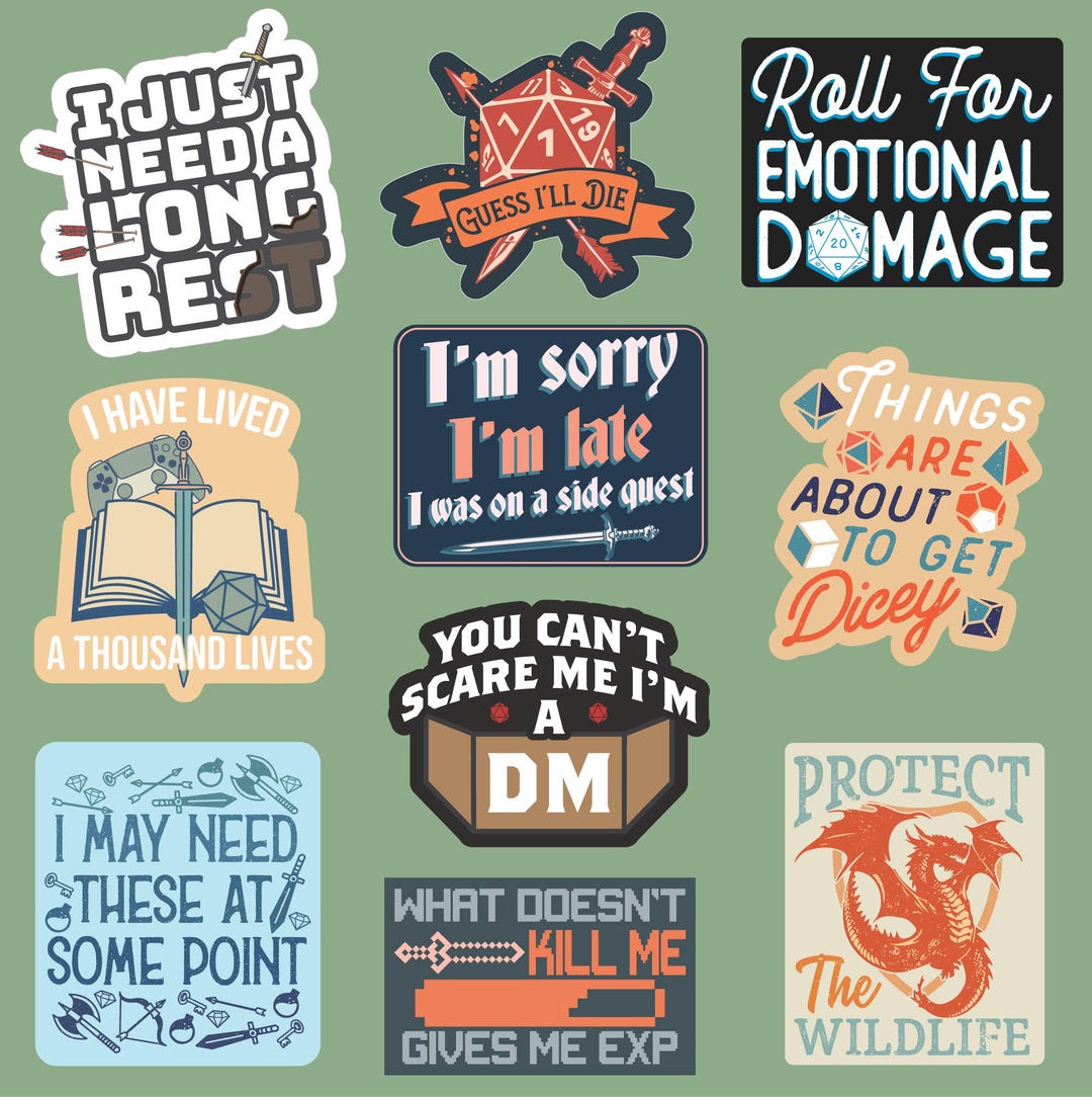 Funny RPG Sticker Set: D20 Dice, Emotional Damage, Gamer Decals - Etsy