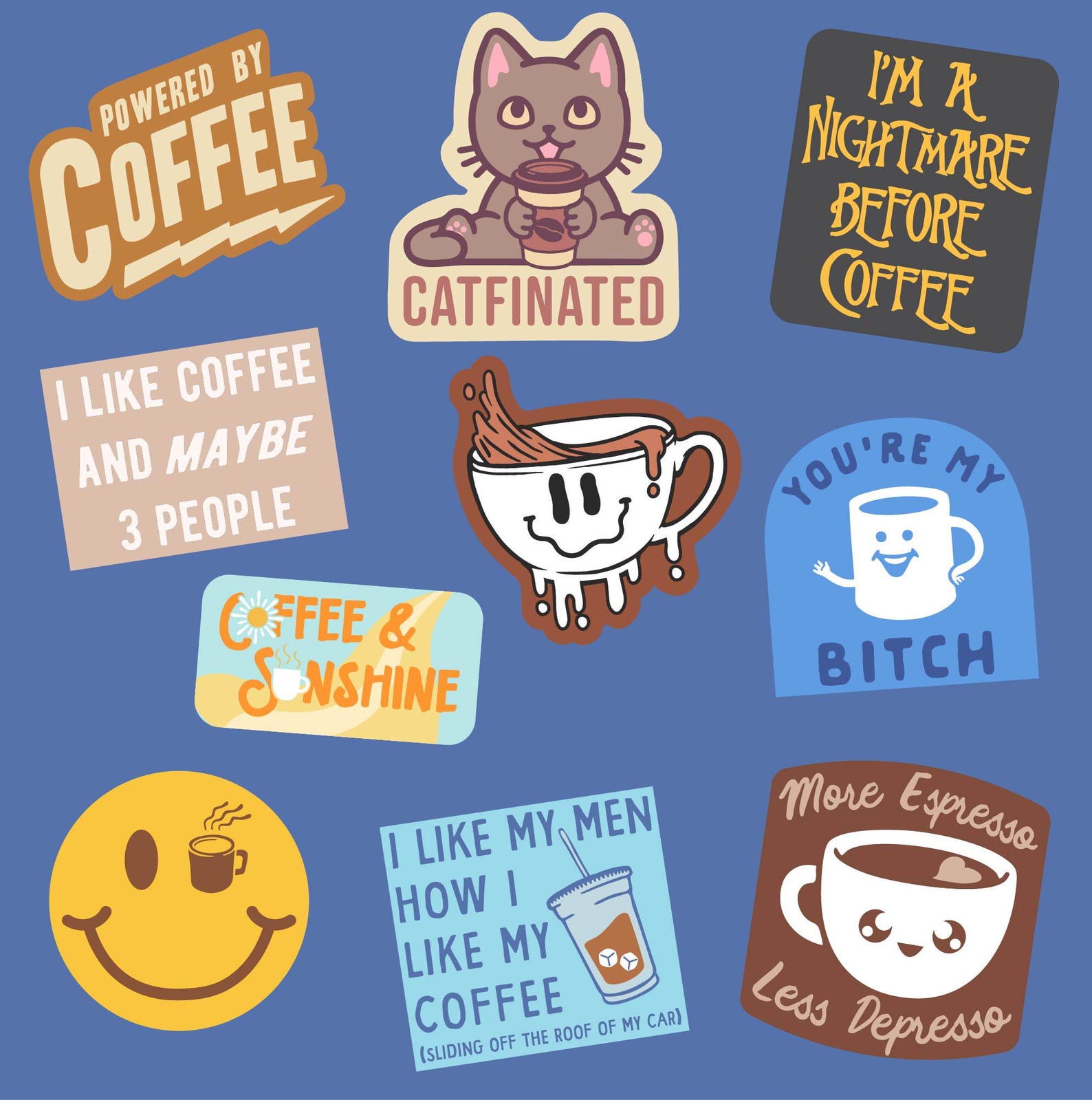 Funny Coffee Lover Stickers: Caffeine Addict Vinyl Decals - Set of 10 ...