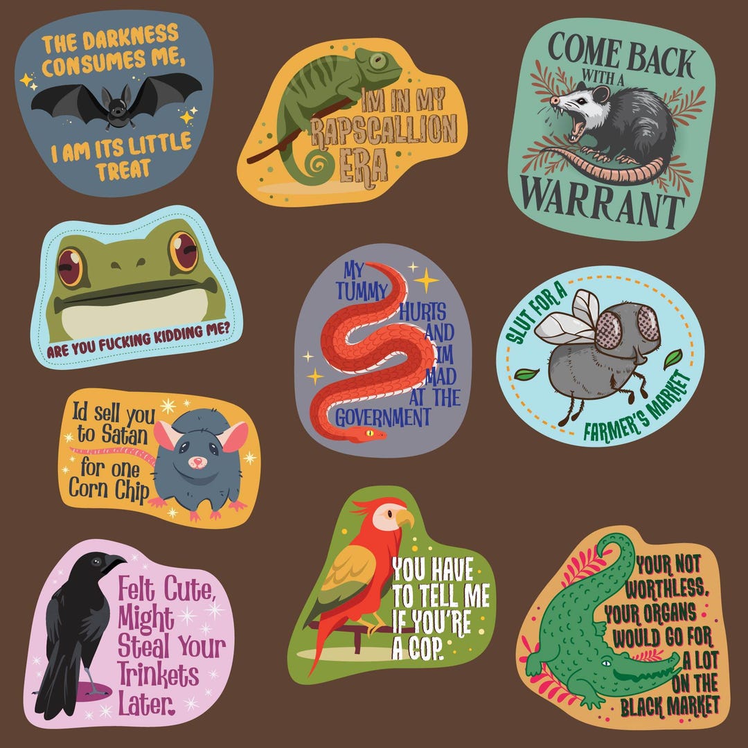 Whimsical Animal Sticker Pack: Funny Bats, Ravens, Parrots - Etsy