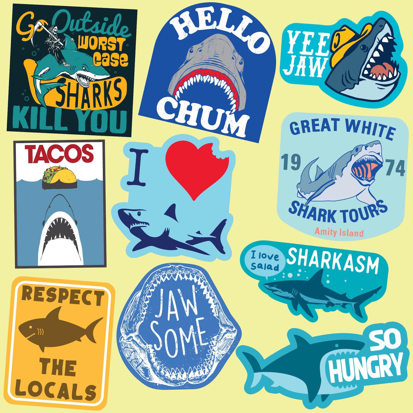 Funny Shark Stickers: Ocean Decals for Laptop, Water Bottle - Set of 10 ...