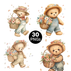 Watercolor Teddy Bear Clipart | Boho Neutral Baby Bear PNG Graphics (30 ...