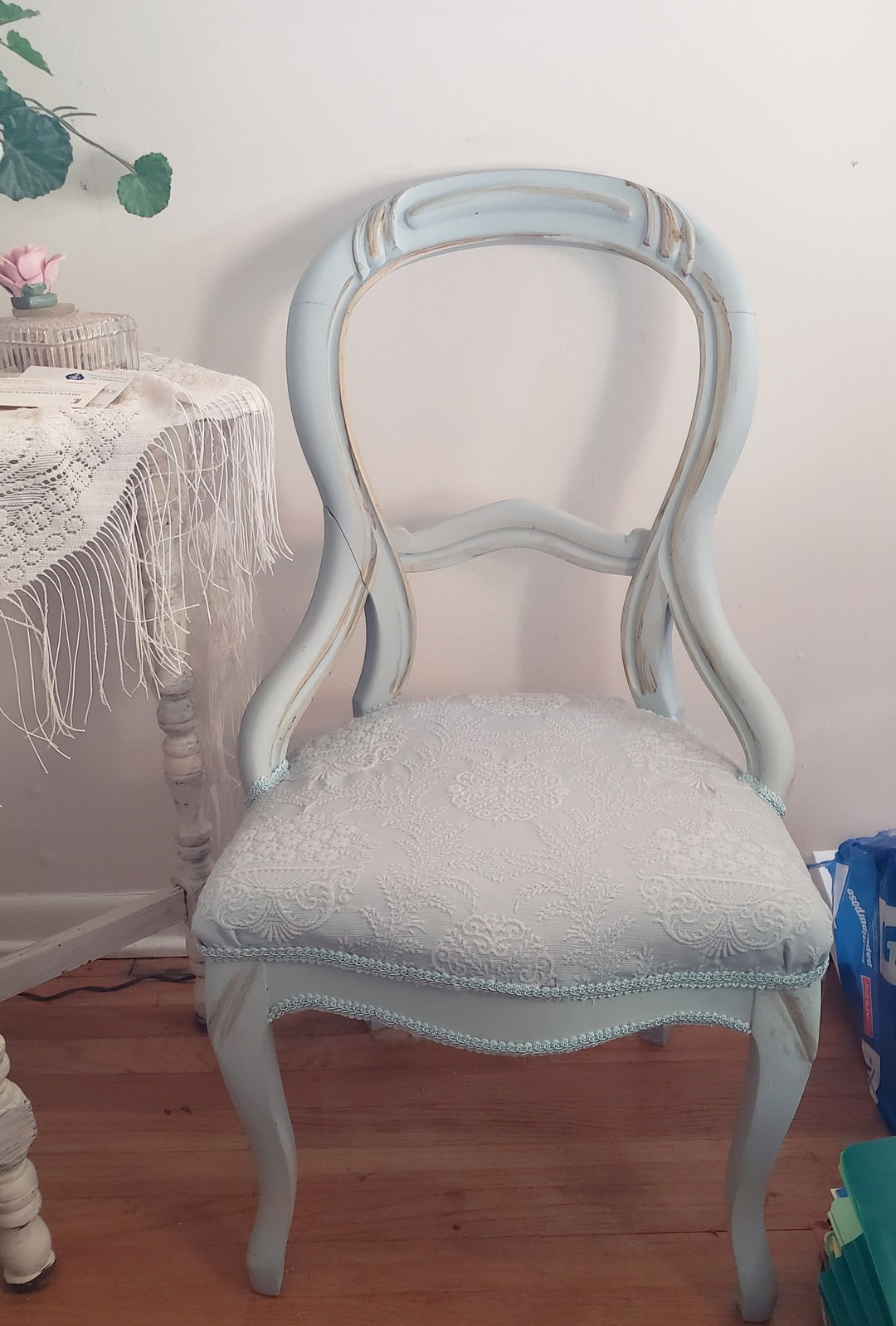 Vintage Upholstered Chair Country French Painted Blue Gilt Cottage Core ...