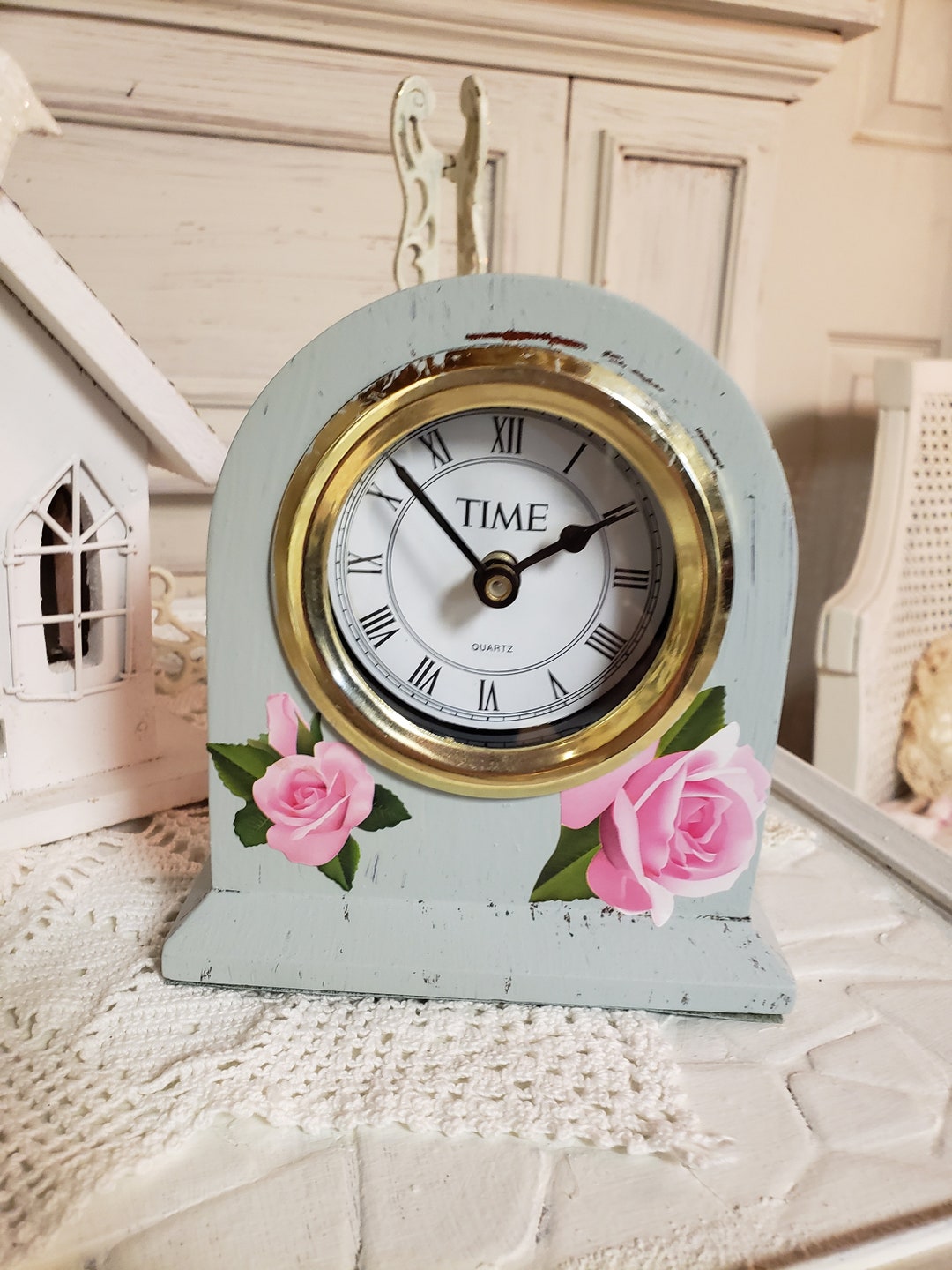 Vintage Robins Egg Blue Tabletop Clock With Rose Appliques Free ...