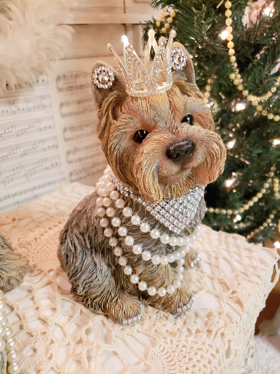 Yorkie Statue Painted Embellished Pearls Rhinestone Necklace Crown ...