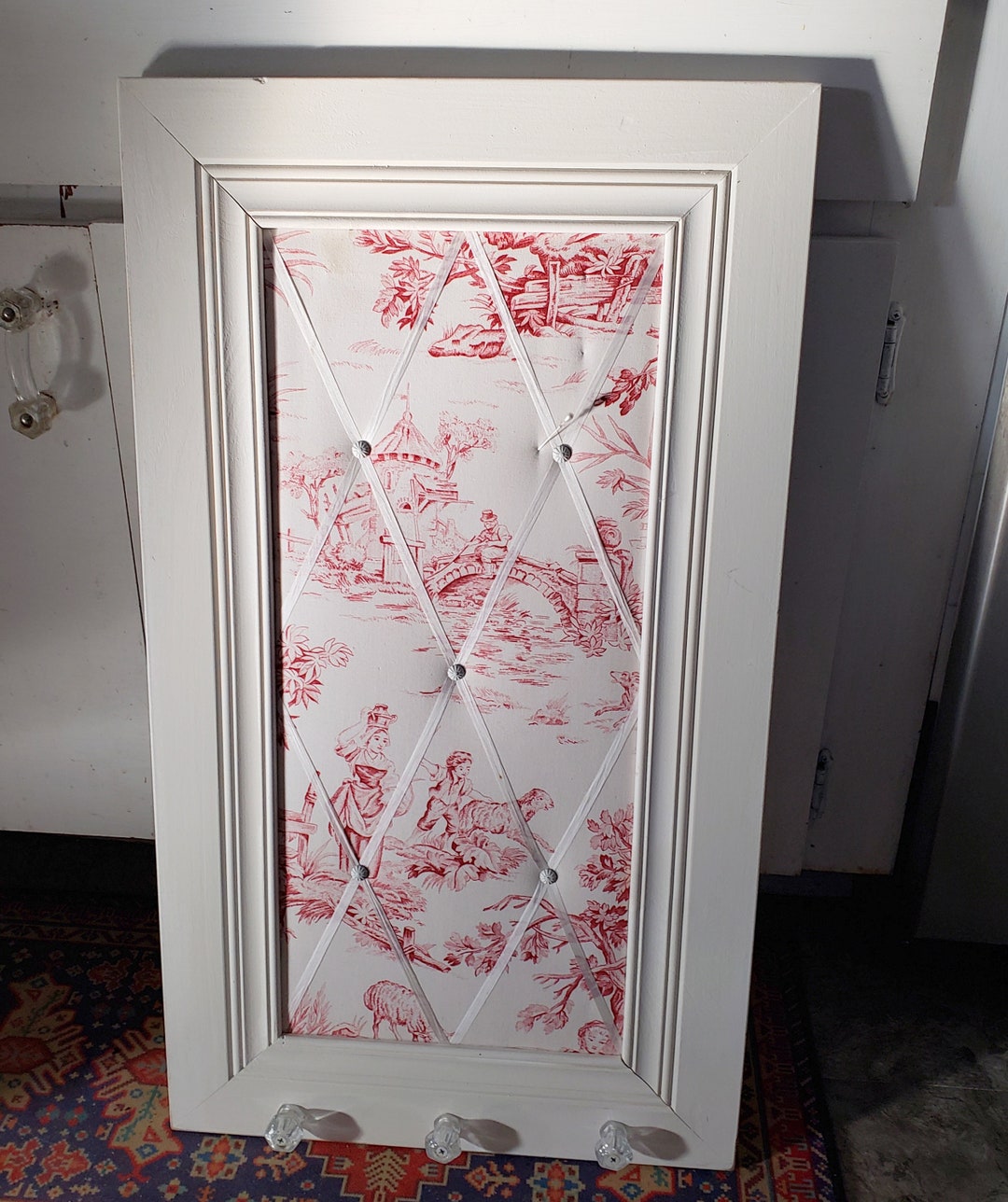 Red Toile Memo Board Jewelry Board Padded Ribboned Crystal Knobs Shabby ...